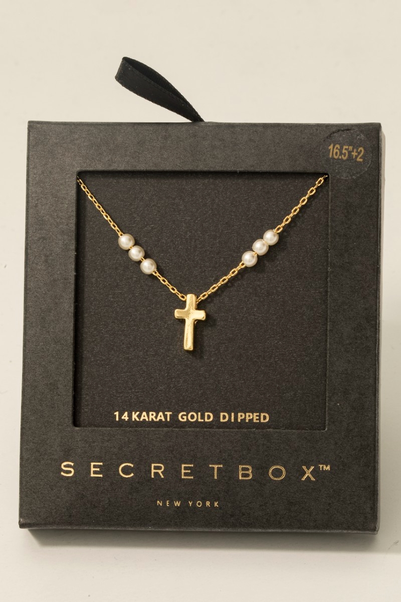 Secret Box Gold Dipped Pearls And Cross Toggle Chain Necklace - Necklaces