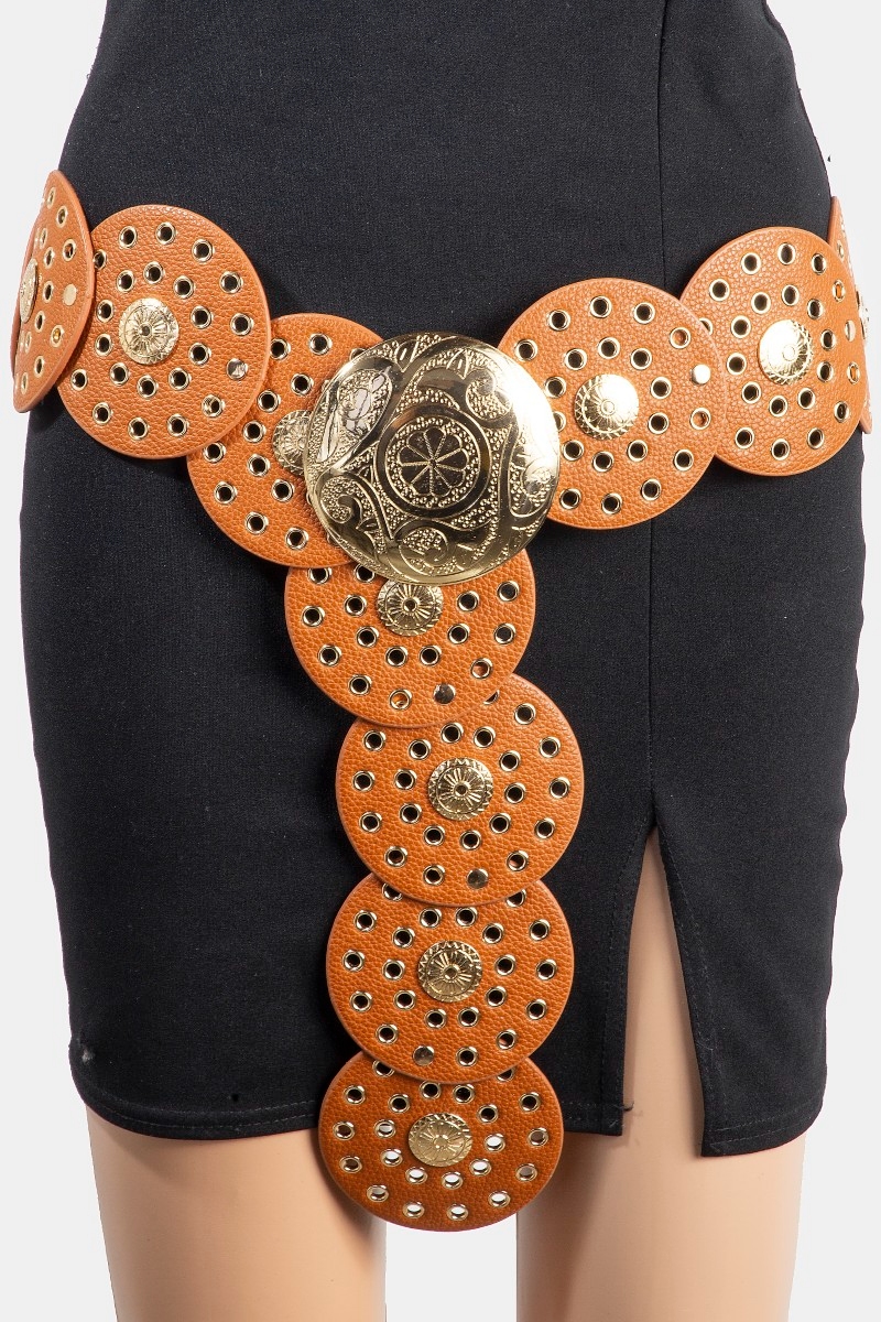 Leather Grommet Disc Chain Belt - Belts