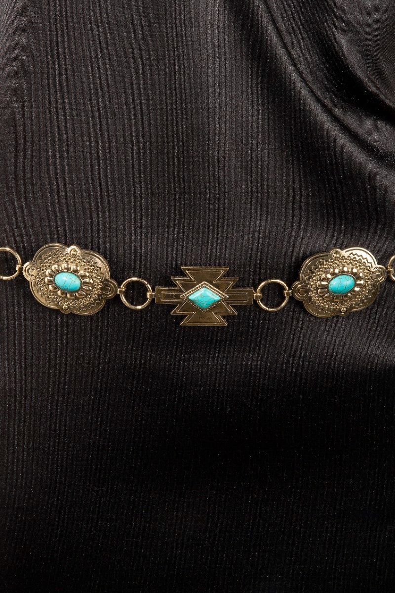 Western Turquoise Studded Shapes Concho Chain Belt - Belts