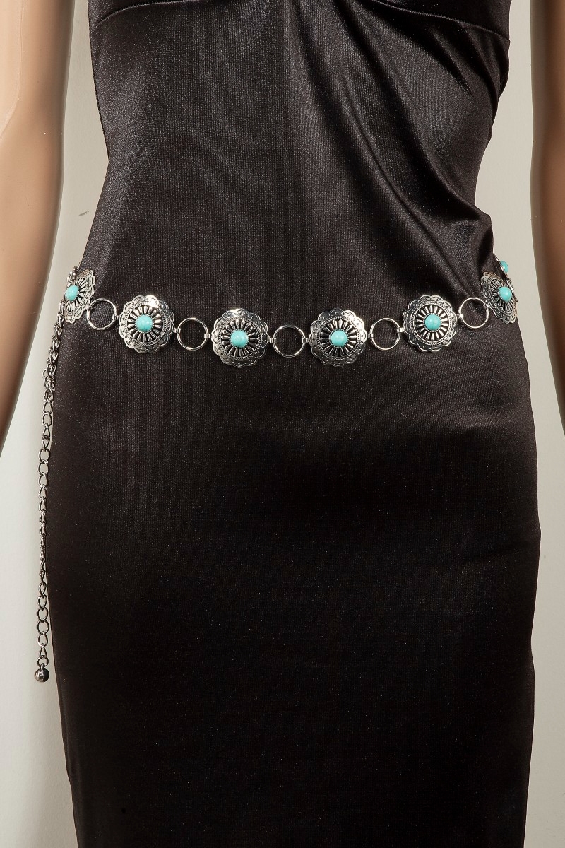 Western Turquoise Stud Disc Concho Chain Belt - Belts