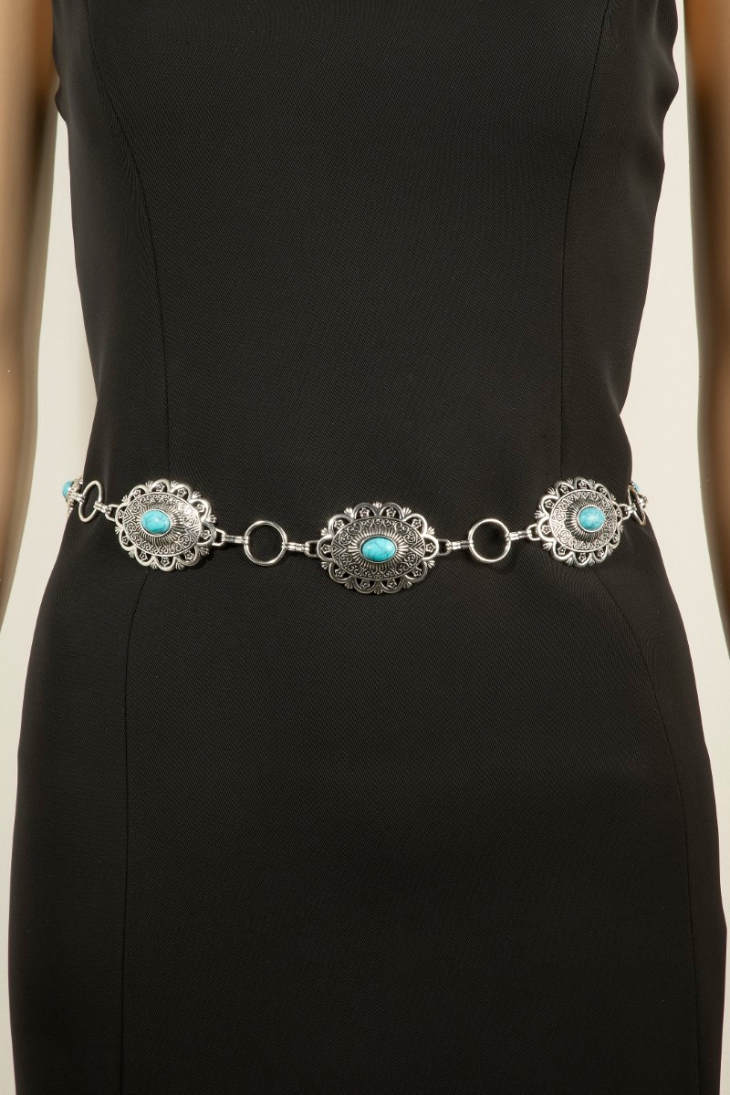Western Turquoise Stud Concho Chain Belt - Western Collection